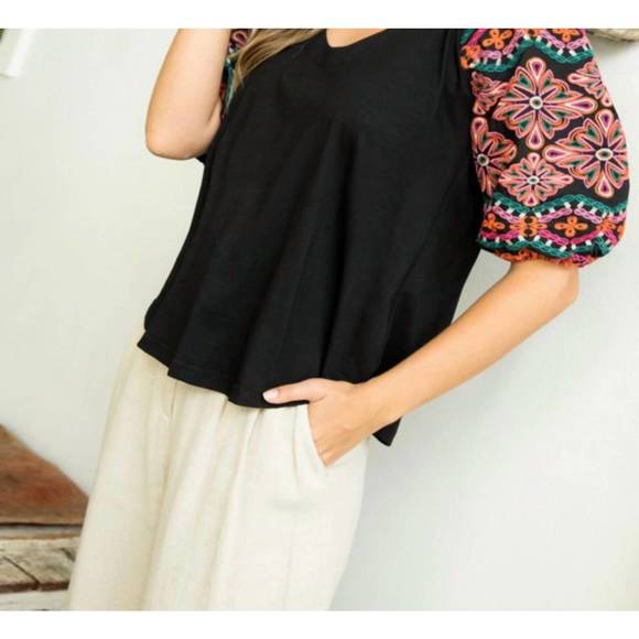 THML | Tops | New Thml Embroidered Puff Sleeve Top In Multi | Poshmark